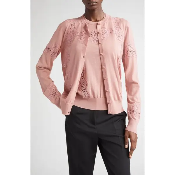 Dolce & Gabbana Lace Detail Virgin Wool & Cotton Blend Cardigan - Rosa Polvere Scuro