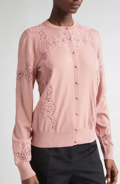 Dolce & Gabbana Lace Detail Virgin Wool & Cotton Blend Cardigan - Rosa Polvere Scuro