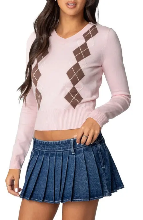EDIKTED Argyle V-neck Sweater - Light-pink