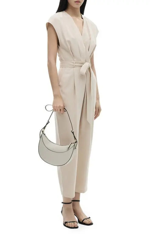 Mango Tie Waist Faux Wrap Wide Leg Jumpsuit - Beige