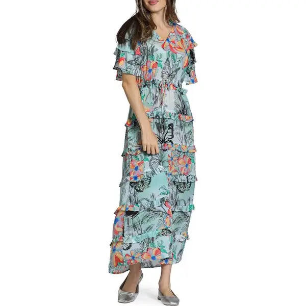 APNY Tiered Ruffle Maxi Dress - Bright Green Multi