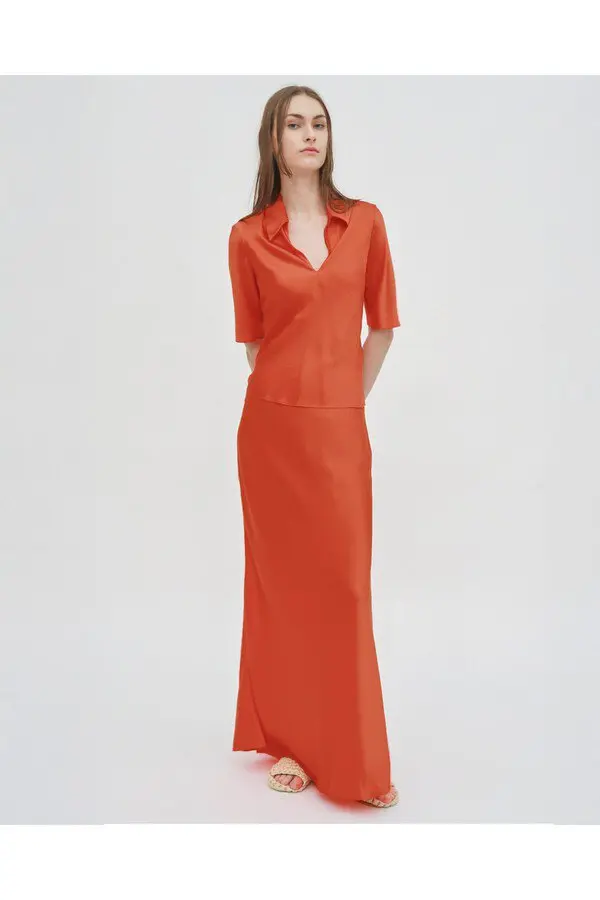 Rosetta Getty Silk Satin Bias Polo Top