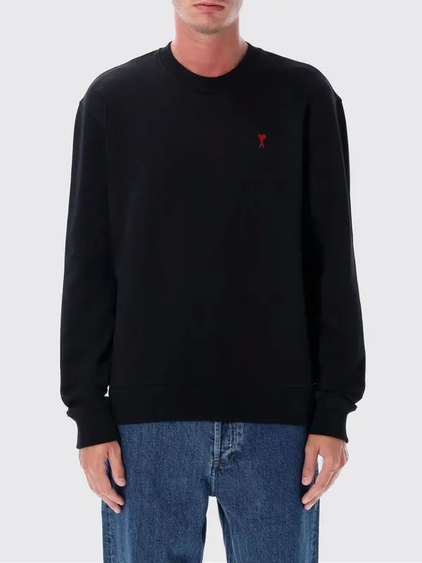 AMI Paris Relaxed Fit Cotton Crewneck Sweatshirt With Contrast Embroidered Logo - Black