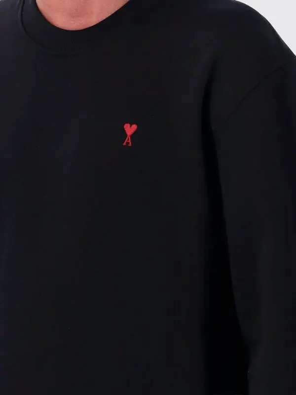 AMI Paris Relaxed Fit Cotton Crewneck Sweatshirt With Contrast Embroidered Logo - Black