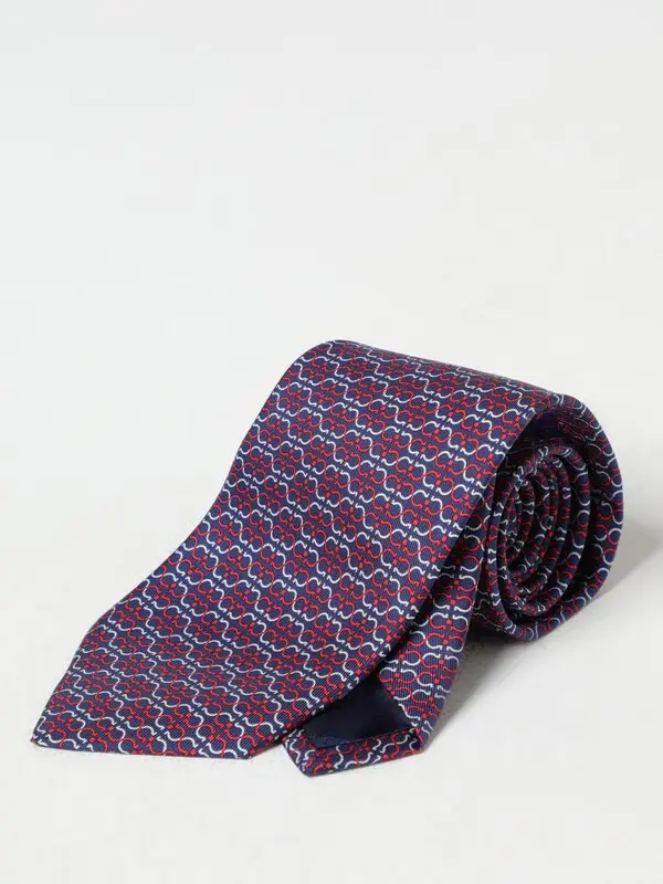 FERRAGAMO Gancini Printed Silk Neck Tie - Navy