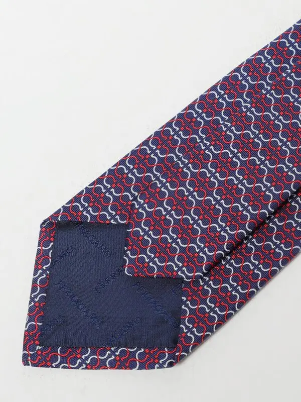 FERRAGAMO Gancini Printed Silk Neck Tie - Navy