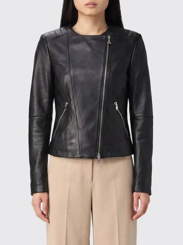 Patrizia Pepe Slim Fit Lambskin Leather Jacket With Round Neck And Fly Logo