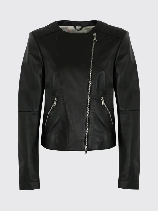 Patrizia Pepe Slim Fit Lambskin Leather Jacket With Round Neck And Fly Logo