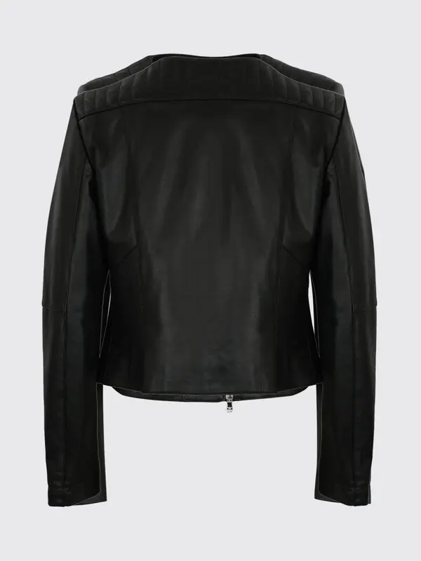 Patrizia Pepe Slim Fit Lambskin Leather Jacket With Round Neck And Fly Logo