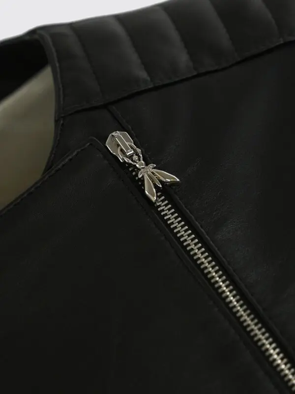 Patrizia Pepe Slim Fit Lambskin Leather Jacket With Round Neck And Fly Logo