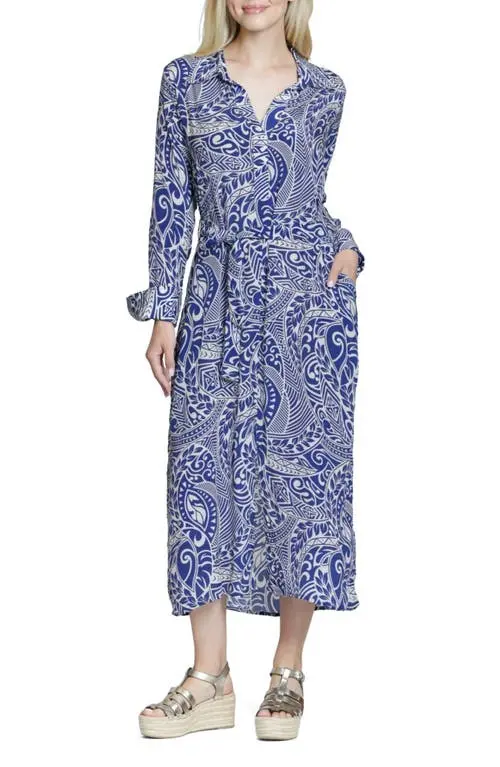 APNY Mix Print Long Sleeve Shirt Dress - Navywhite