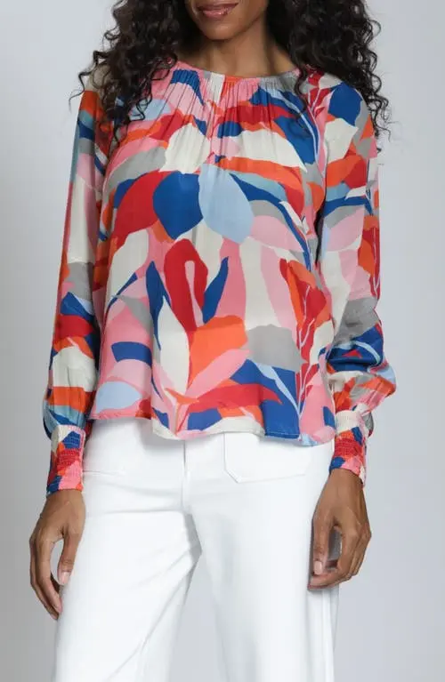 APNY Printed Blouson Sleeve Top - Blue/pink Multi