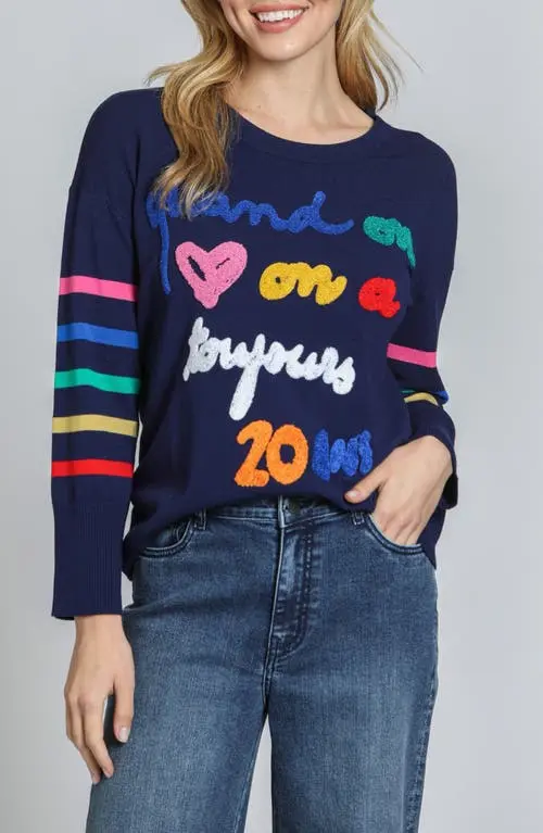 APNY Bouclé Accent Graphic Crewneck Sweater - Navy Multi