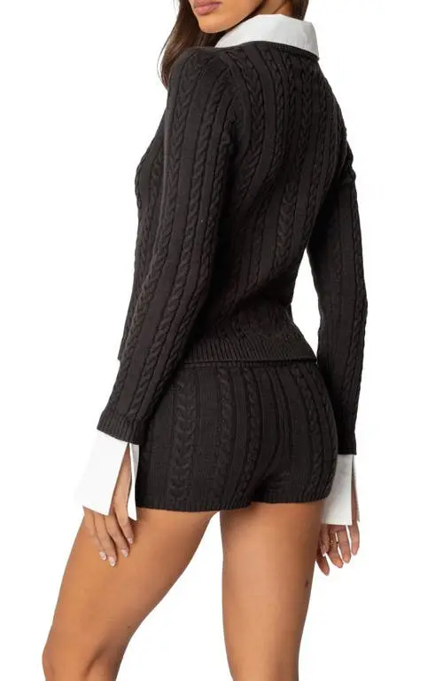 EDIKTED Avey Cable Knit Cardigan With Removable Cuffs And Collar - Dark-gray