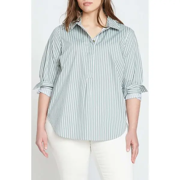 Universal Standard Elbe Stretch Poplin Shirt - Sage/white