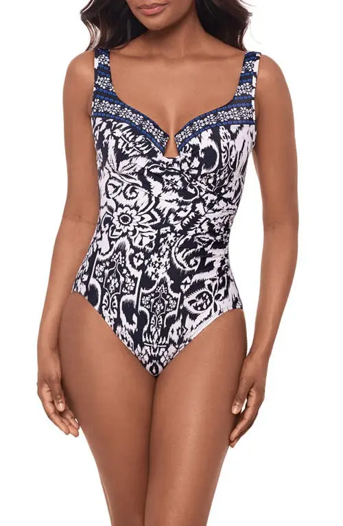 MIRACLESUIT® Talavera Escape Printed One-piece Swimsuit - Midnight Blue/ White