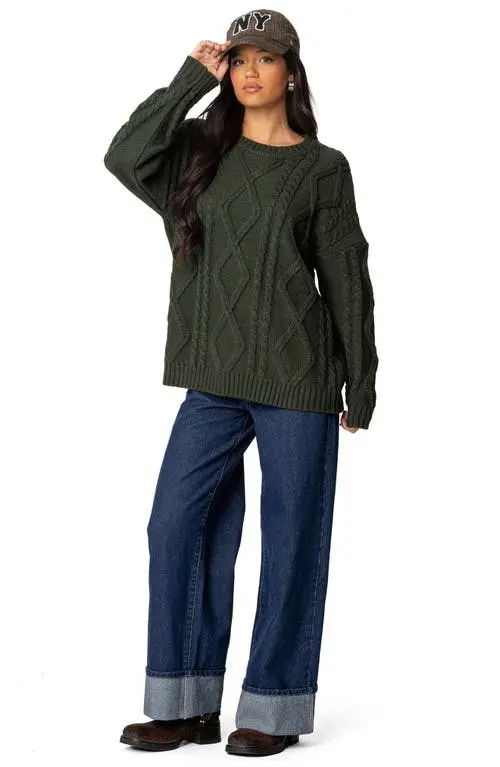 EDIKTED Kennedy Oversize Cable Stitch Sweater - Green