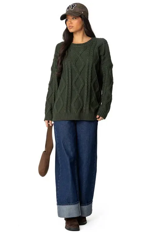 EDIKTED Kennedy Oversize Cable Stitch Sweater - Green