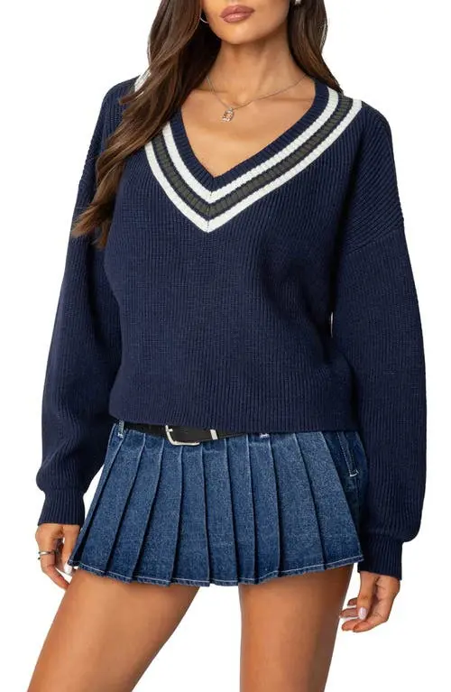 EDIKTED Lauryl Stripe Trim V-neck Sweater - Navy