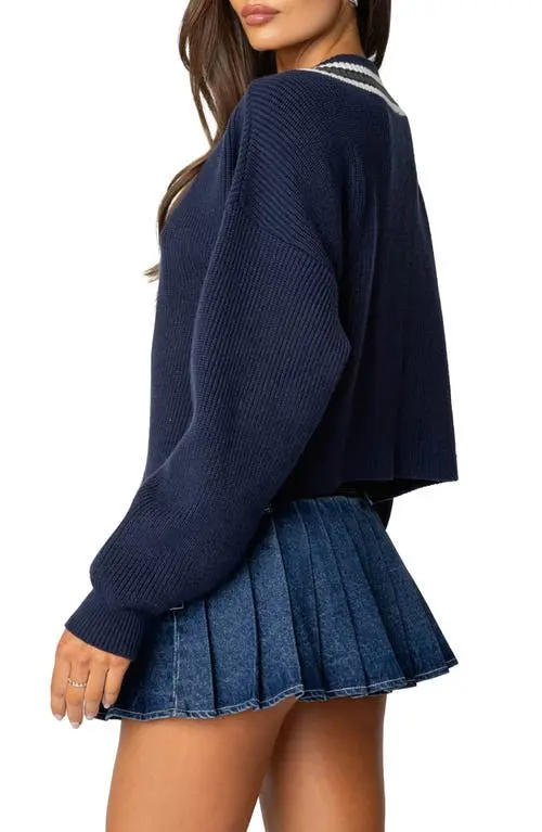 EDIKTED Lauryl Stripe Trim V-neck Sweater - Navy