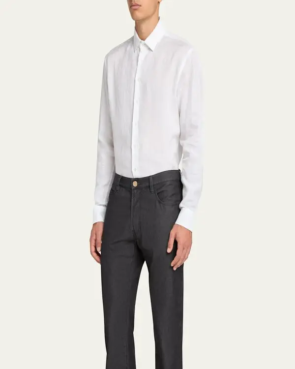 Giorgio Armani Classic Solid Linen Sport Shirt - Solid Dark Blue