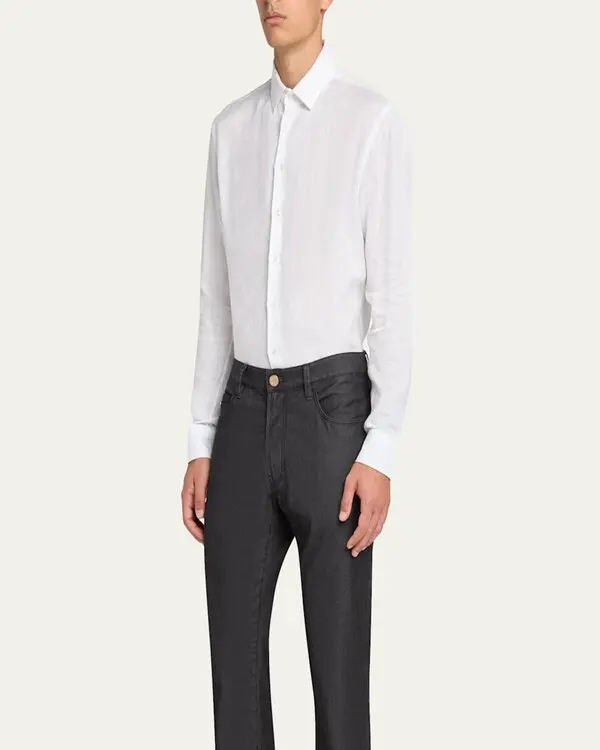 Giorgio Armani Classic Solid Linen Sport Shirt - Solid Dark Blue