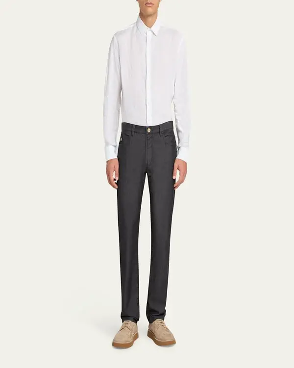 Giorgio Armani Classic Solid Linen Sport Shirt - Solid Dark Blue