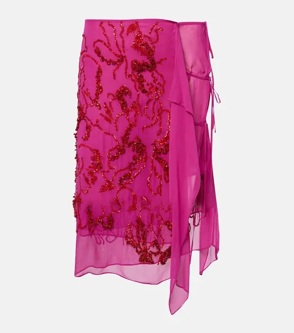 Dries Van Noten Sequined Draped Chiffon Midi Skirt