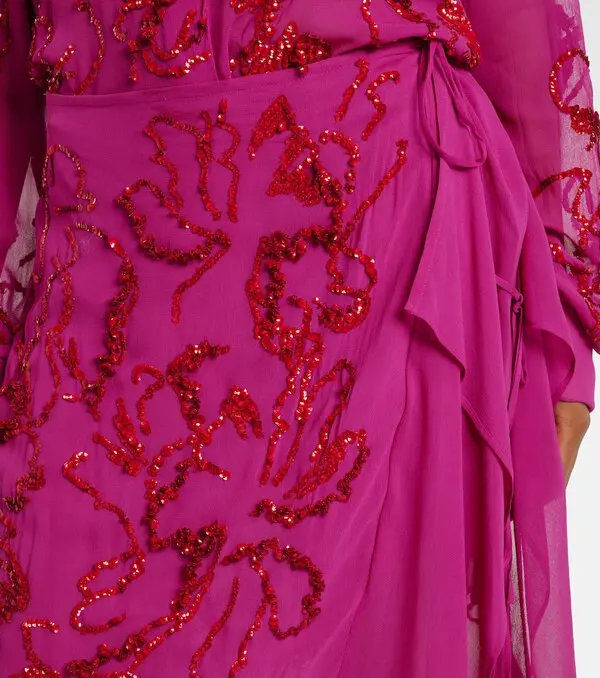 Dries Van Noten Sequined Draped Chiffon Midi Skirt