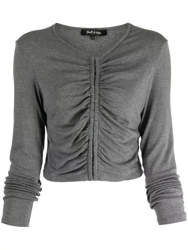 TOUT A COUP Ruched Cropped Cardigan - Grey