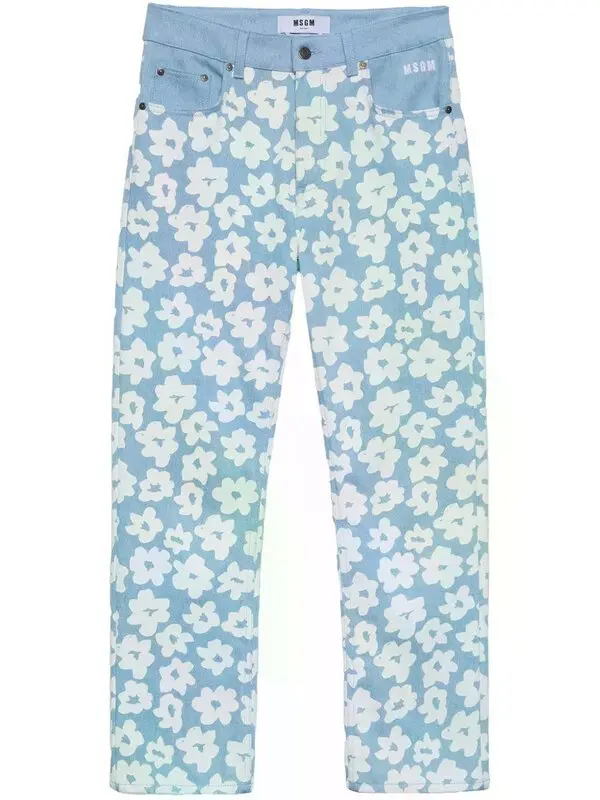MSGM Floral-print Straight Leg Trousers - Blue