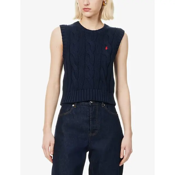 Polo Ralph Lauren Cable-knit Cotton Knitted Vest With Logo Embroidery - Hunter Navy