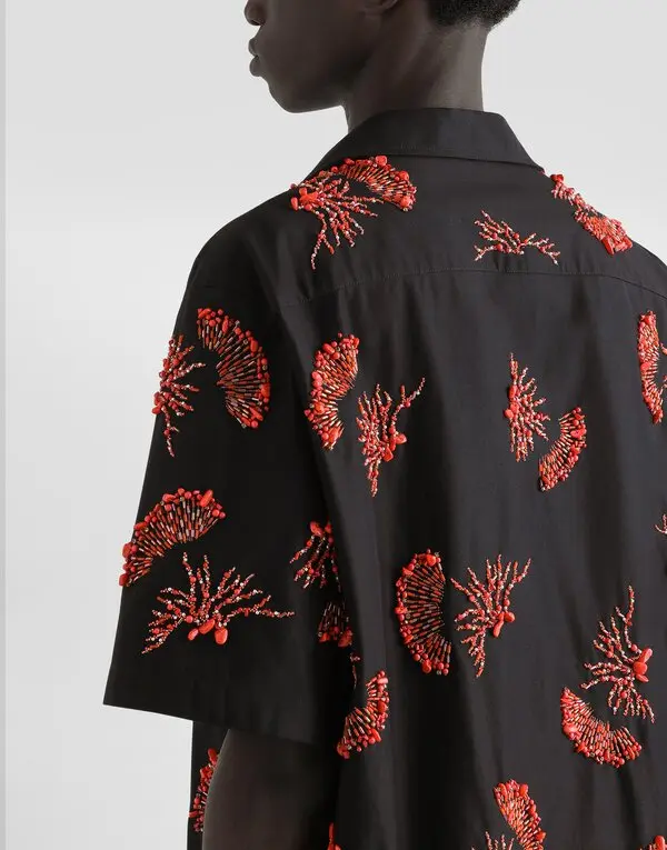 Dolce & Gabbana Short-sleeved Cotton Shirt With Coral Embroidery