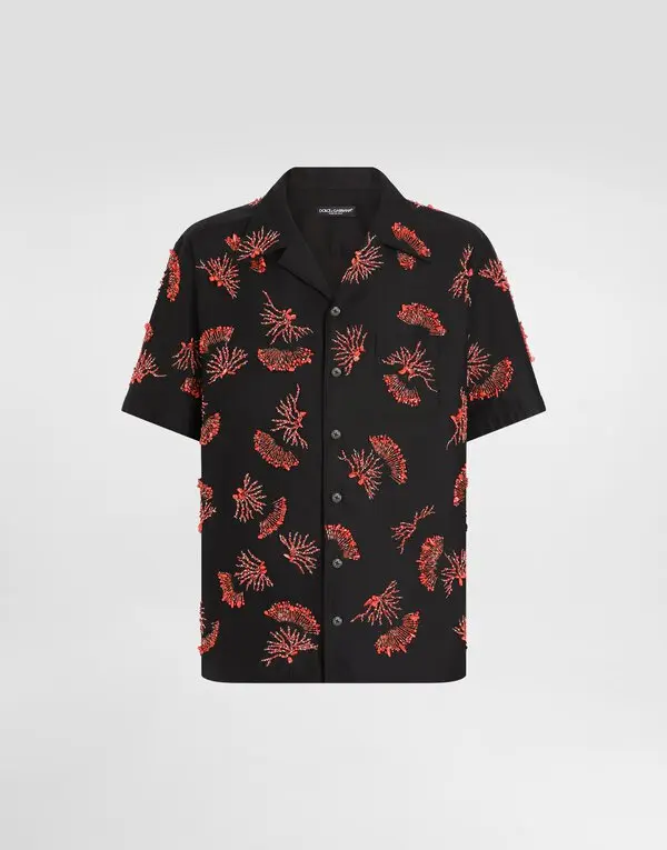 Dolce & Gabbana Short-sleeved Cotton Shirt With Coral Embroidery - Black