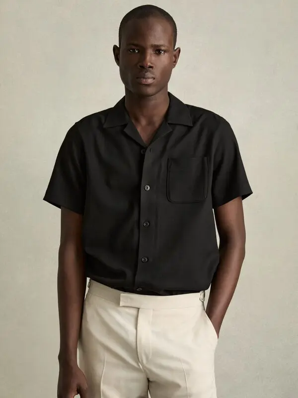 REISS Nitus Herringbone Twill Cuban Collar Short Sleeve Shirt - Black