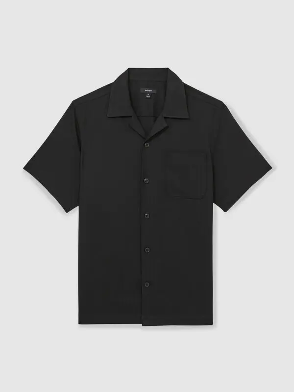 REISS Nitus Herringbone Twill Cuban Collar Short Sleeve Shirt - Black