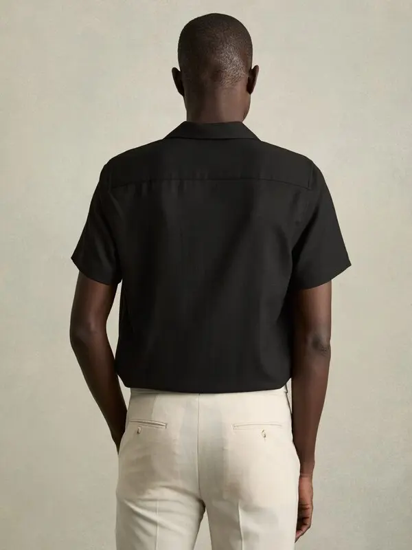 REISS Nitus Herringbone Twill Cuban Collar Short Sleeve Shirt - Black
