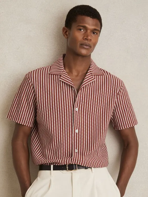 REISS Tower Textured-stripe Cuban-collar Shirt
