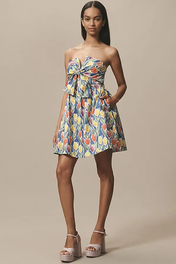 English Factory Strapless Mini Dress - Blue Pattern