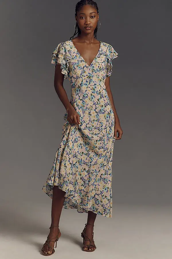 slim fit dress slacks Women's Camellia Fit and Flare Flutter Sleeved Mesh Silk Midi Dress XS/S/M/L/Customize Baby Pink/White Plain/Floral Mean Blvd Xs / White / Floral main image 1