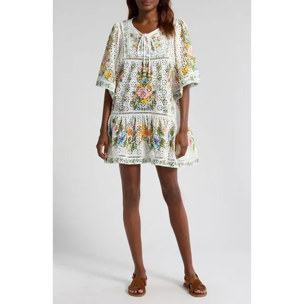 Farm Rio Cotton Eyelet Cover-up Minidress - Sweet Bloom Bouquet