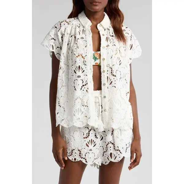 Farm Rio Seashell Embroidered Eyelet Cotton Button-up Shirt
