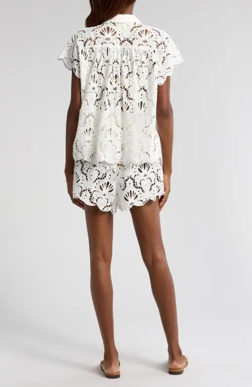 Farm Rio Seashell Embroidered Eyelet Cotton Button-up Shirt