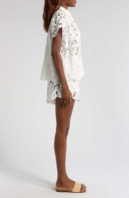 Farm Rio Seashell Embroidered Eyelet Cotton Button-up Shirt