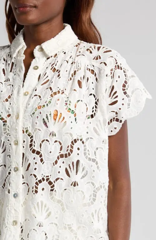 Farm Rio Seashell Embroidered Eyelet Cotton Button-up Shirt