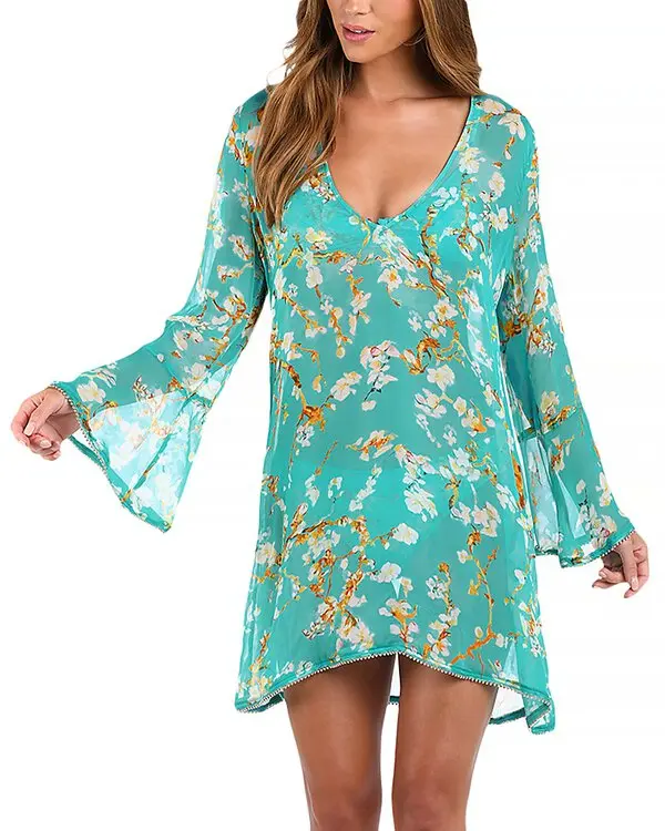 L'Agence Ansley Cherry Sheer Short Swim Cover-up Dress - Aqua