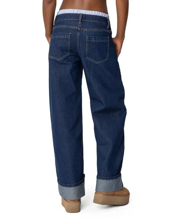 EDIKTED Striped Boxer Detail Low Rise Jeans - Dark Blue
