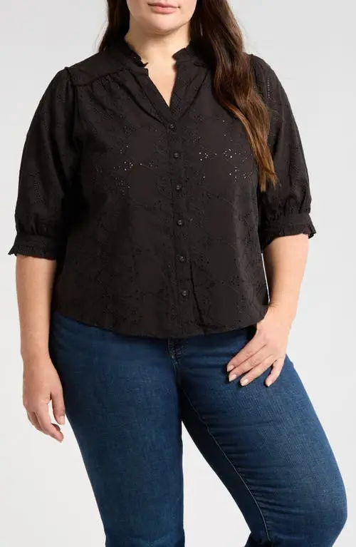 Wit & Wisdom Eyelet Lantern Sleeve Top - Black