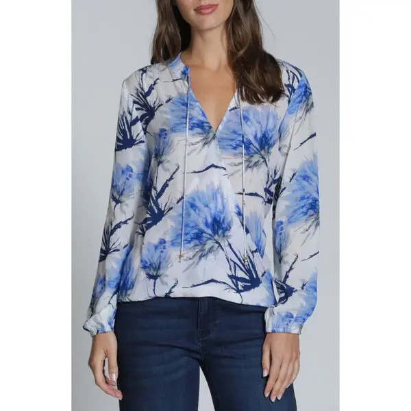 APNY Print Surplice Neck Top - Blue/white Multi