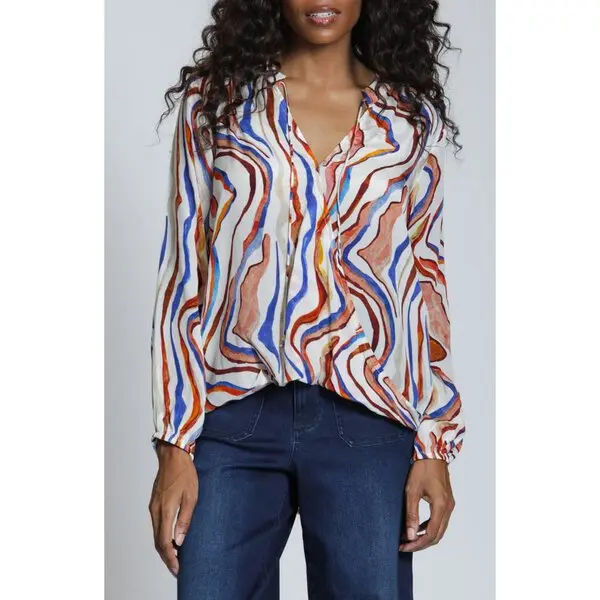 APNY Print Surplice Neck Top - Brown Blue Multi